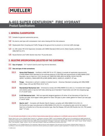 Mueller A-403-Super-Centurion-Fire-Hydrant Specification | Manualzz
