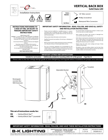 B-K Lighting Junction Box Vertical Installation Instructions | Manualzz