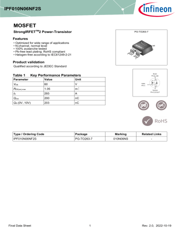 Infineon IPF010N06NF2S MOSFET Data Sheet | Manualzz