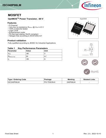 Infineon ISC240P06LM MOSFET Data Sheet | Manualzz