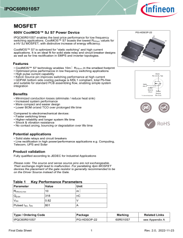 Infineon IPQC60R010S7 MOSFET Data Sheet | Manualzz