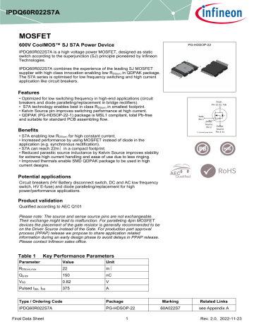 Infineon IPDQ60R022S7A MOSFET Data Sheet | Manualzz