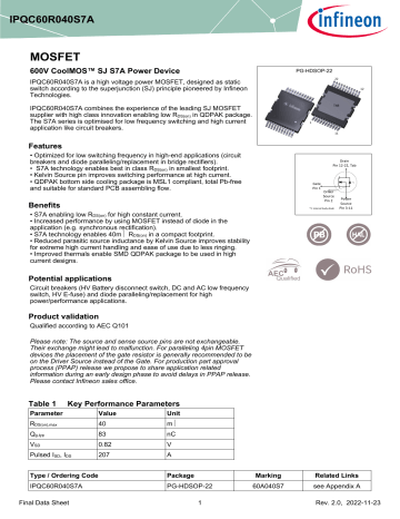 Infineon IPQC60R040S7A MOSFET Data Sheet | Manualzz