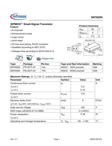 Infineon SN7002N MOSFET Data Sheet | Manualzz