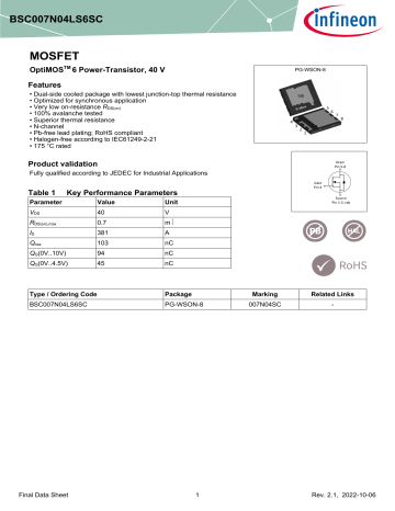 Infineon BSC007N04LS6SC MOSFET Data Sheet | Manualzz