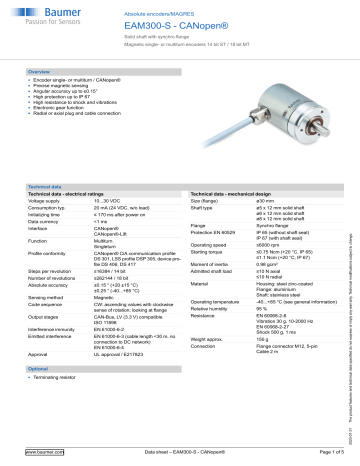 Baumer EAM300-S - CANopen® Absolute encoder Data sheet | Manualzz