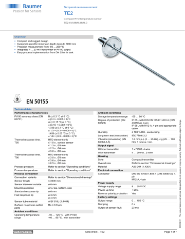Baumer TE2 Temperature measurement Data sheet | Manualzz