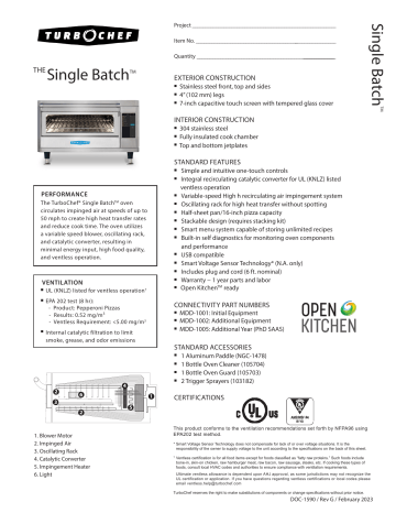 Turbochef Single Batch Specification Sheet | Manualzz