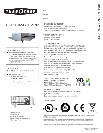 Turbochef High h Conveyor 2620 Specification Sheet | Manualzz