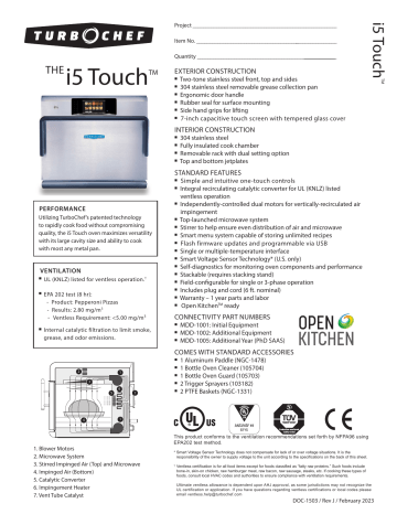Turbochef i5 Specification Sheet | Manualzz