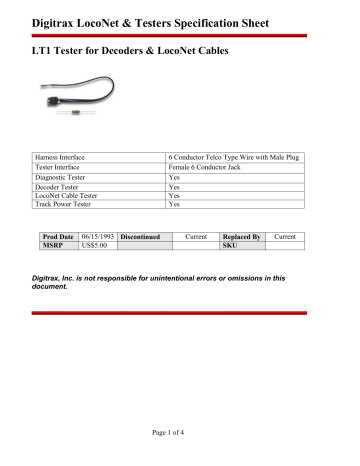 Digitrax LT1 Tester Specification Sheet | Manualzz