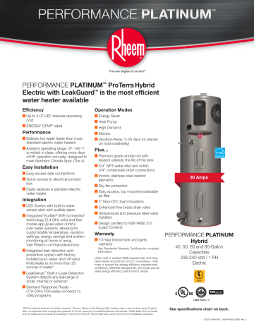 Rheem XE80T10HS45U0 Hybrid Electric Water Heater Specification Sheet ...