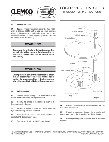 Clemco 21384 Pop-Up Valve Umbrella Operation Manual | Manualzz