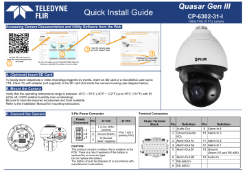 FLIR Quasar 1080p IR PTZ Camera Quick Install Guide | Manualzz