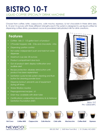 Newco Bistro 10T Spec sheets | Manualzz