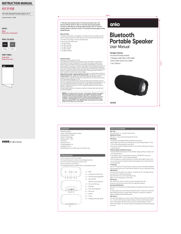 Anko 43131938 Bluetooth Portable Speaker User Manual | Manualzz