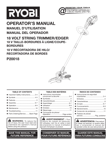 RYOBI P20018 18 VOLT STRING TRIMMER Operator’s manual | Manualzz