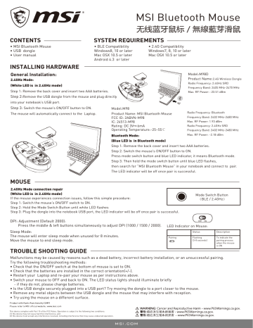 MSI M98 Bluetooth Mouse User Guide | Manualzz