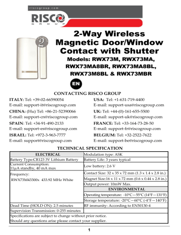 RISCO RWX73M 2-Way Wireless Magnetic Door/Window Contact Instruction ...