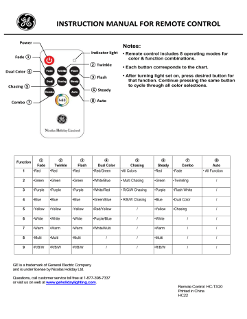 GE HC-TX20 Color Effects Light Set Remote Control instruction manual | Manualzz