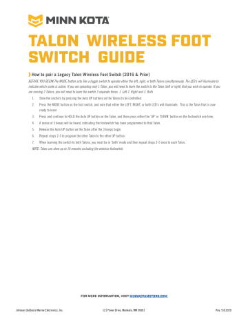 MINN KOTA 1810256 Talon Wireless Foot Switch User Guide | Manualzz