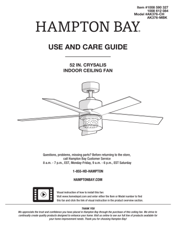 HAMPTON BAY AK376-CH Marino 36 Inch Brushed Steel Ceiling Fan Owner’s Manual | Manualzz