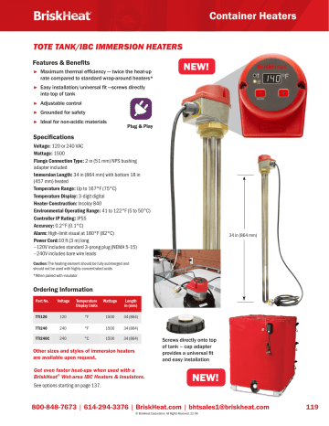 BriskHeat TOTE TANK Ibc Immersion Heaters User Manual | Manualzz