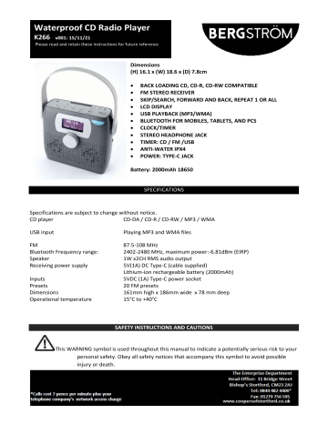 BERGSTROM K266 Waterproof CD Radio Player Instruction manual | Manualzz