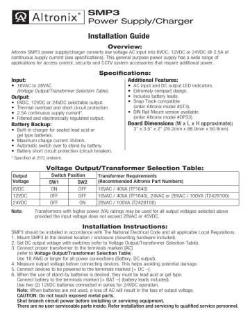 Altronix SMP3 Power Supply Charger Installation Guide | Manualzz