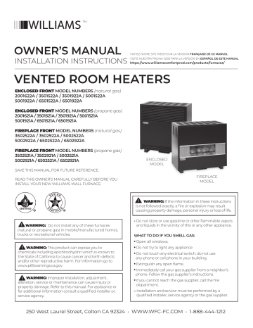 williams WIL5001522A Vented Room Heaters Owner’s Manual | Manualzz