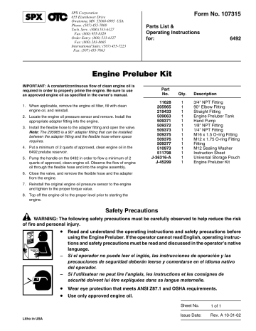 OTC 6492 Engine Preluber Kit Operating instructions | Manualzz