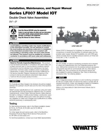 Watts LF007 Lead Free* Double Check Valve Assembly Backflow Preventers Sizes: 1/2 IN - 3 IN ...