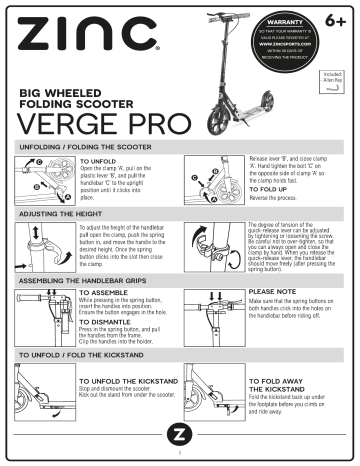 Zinc Verge Pro Folding Two Wheeled Scooter Instruction Manual | Manualzz