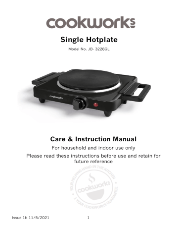 Cookworks JB-3228GL 1500W Table Top Single Hob Hot Plate Instruction ...