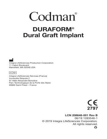 Integra DURAFORM™ Dural Graft Implant Bedienungsanleitung | Manualzz