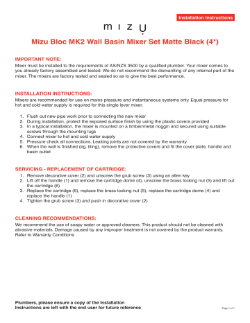 Mizu 9508086 Bloc MK2 Wall Basin Mixer Tap Set Matte Black Installation Instructions | Manualzz