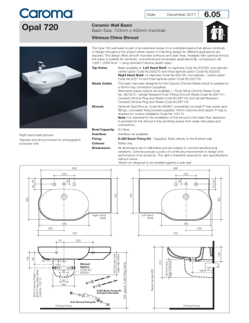 Caroma 1814423 Opal Wall Basin Left Hand Shelf Technical Guide | Manualzz