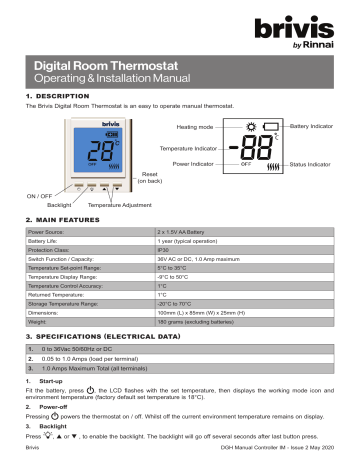 Brivis 1302542 Heater Digital Manual Thermostat User Manual | Manualzz