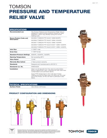 Tomson 9503906 Pressure & Temperature Relief Valve (HT55) 15mm 1000kpa ...