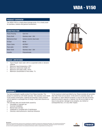 Vada 9500728 Sump Pump V150 Technical Guide | Manualzz