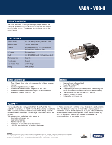 Vada 9500731 Pressure Pump V80 -H Technical Guide | Manualzz