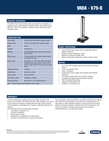 Vada 9500739 Submersible Pump V75-S Technical Guide | Manualzz