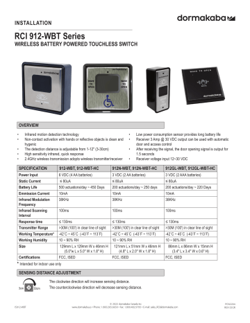 Dormakaba RCI 912 WBT Series Instructions | Manualzz