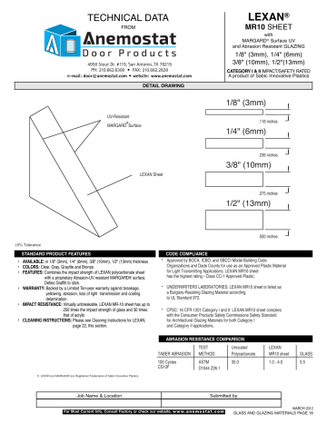 Anemostat Lexan® MR-10 Sheet Technical Data | Manualzz