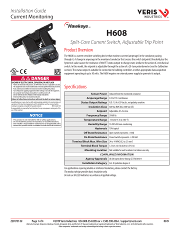 Veris H608 Current Switch Installation Guide | Manualzz