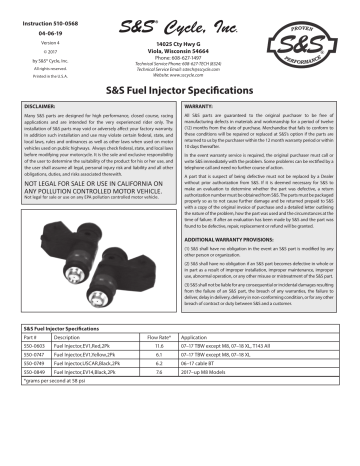 S&S Cycle Fuel Injector Spec Sheet Instruction Sheet | Manualzz