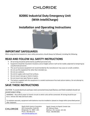 Chloride B200 Series LED Emergency Unit Install instructions | Manualzz