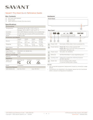 Savant SVR-5300S-00 SAVANT PRO HOST Quick Reference Guide | Manualzz