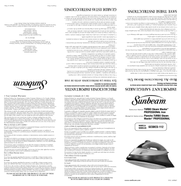 Sunbeam GCSBCS -112 Turbo Steam Master Professional Iron Instruction Manual | Manualzz
