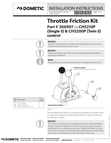 Dometic Throttle Friction Kit Instructions | Manualzz